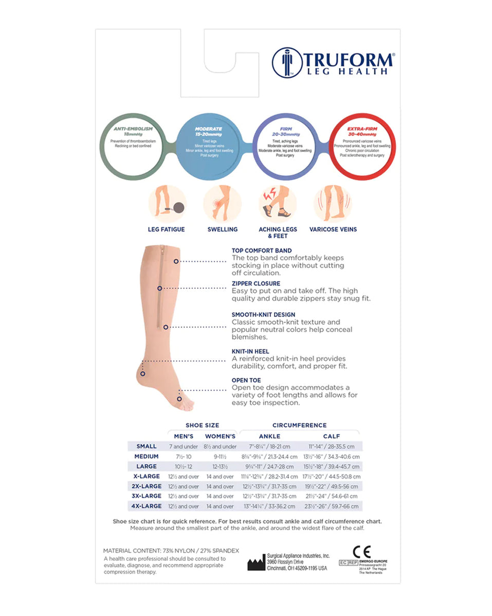 Truform Zippered Compression Socks Knee High Open 15-20 / Unisex Pair